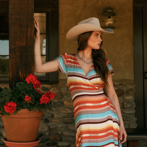 Sunset Serape Print Rayon Herringbone Wrap Front Dress | Stetson