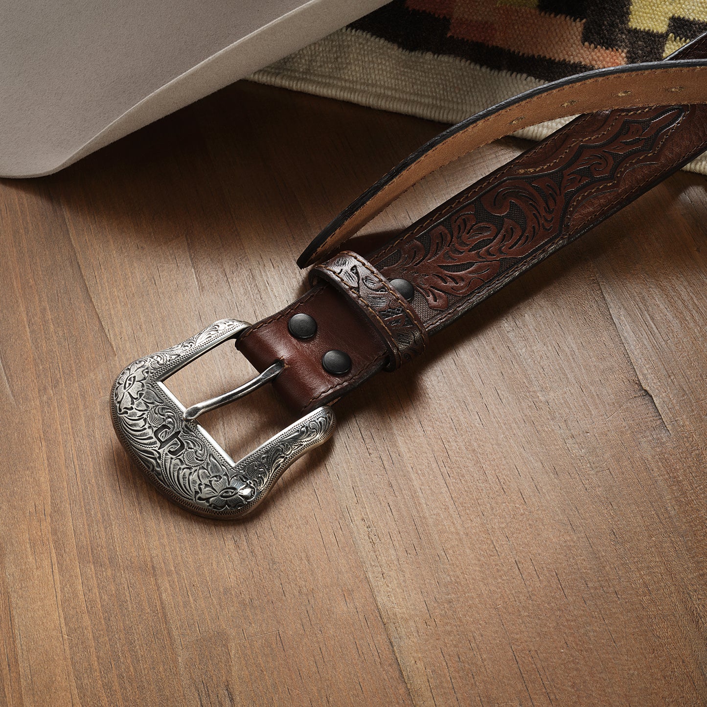 Bison Leather Tooled Tab Belt | Stetson